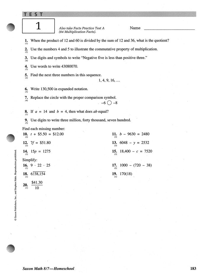 Saxon Math 87 Tests and Worksheets, 3rd Edition | R.O.C.K. Solid Home ...